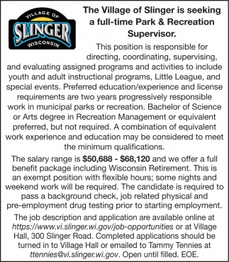 Park & Recreation Supervisor, The Village of Slinger, Slinger, WI