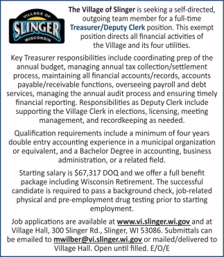Deputy Treasurer, The Village of Slinger, Slinger, WI